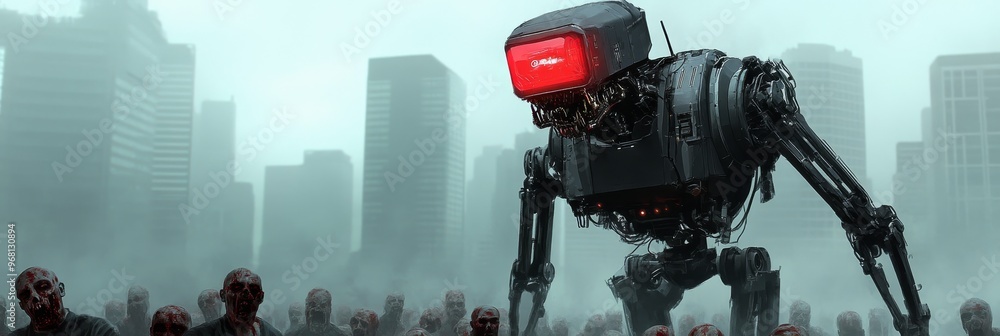 A futuristic robot, towering over a horde of zombies, stands as a ...