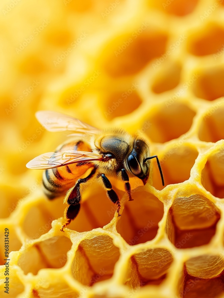 A honeybee meticulously collects pollen from a honeycomb, highlighting ...
