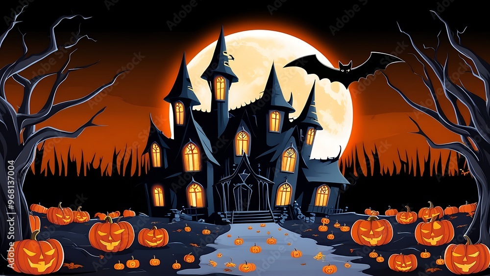 Cartoon Halloween background with black haunted house, window with ...
