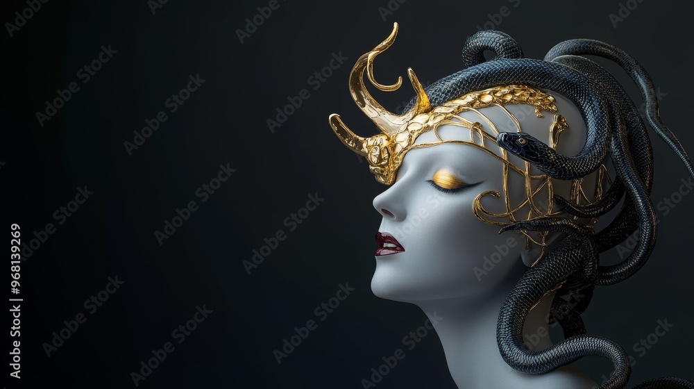 This portrait of Medusa depicts the mythical Greek Gorgon with snakes ...