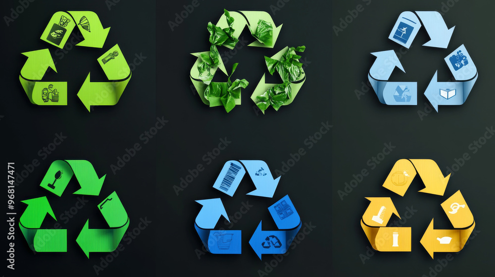 This set of images shows different ways to display the recycling symbol ...