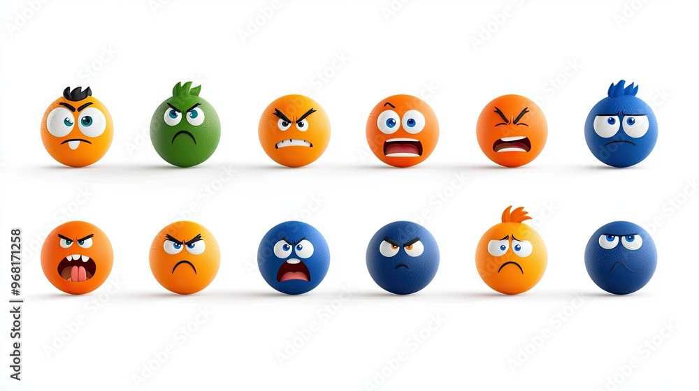 Set of flat emoji faces representing angry and upset emotions, with ...