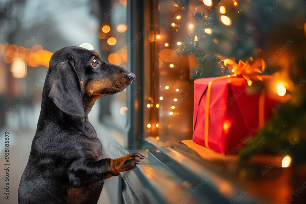 Dachshund dog looks fascinated at decorated box of store with desired ...