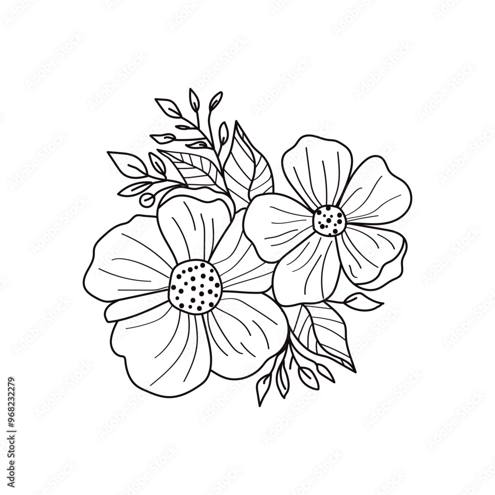 Vector black flowers bouquet, illustration outline image, botanical ...