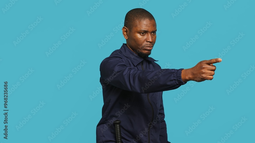 Security guard pointing finger at people to prevent them from gaining ...