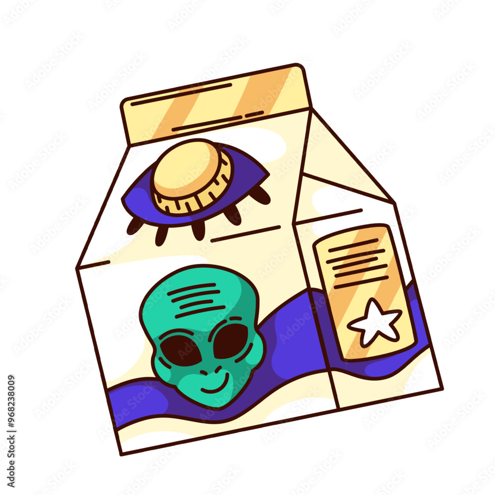 Groovy cartoon milk box with alien face label. Funny retro dairy ...