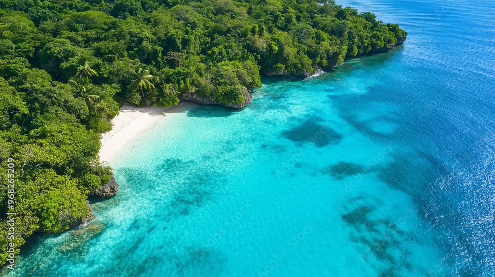 Aerial perspective of a tropical shoreline with clear blue waters and ...