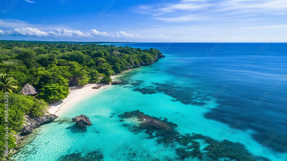 Aerial perspective of a tropical shoreline with clear blue waters and ...