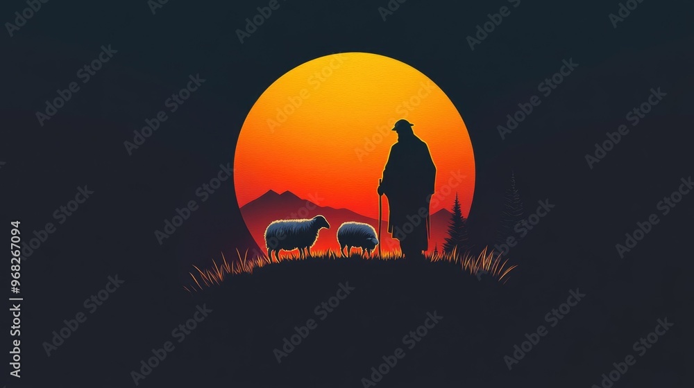 Logo of Jesus as a shepherd with a lost sheep against a sunset ...