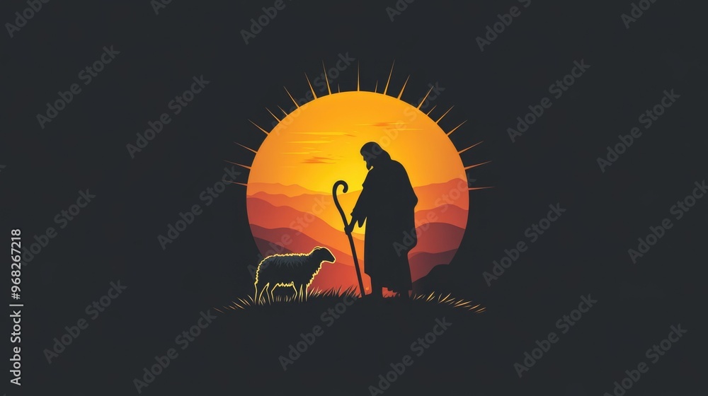 Logo of Jesus as a shepherd with a lost sheep against a sunset ...