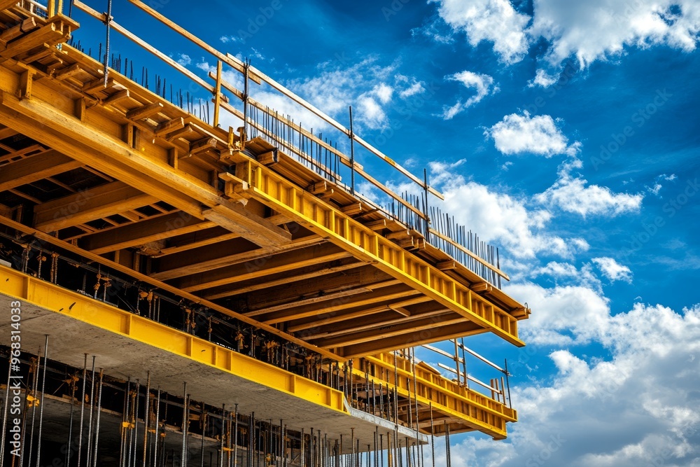 Modern bridge construction featuring steel frames and yellow formwork ...
