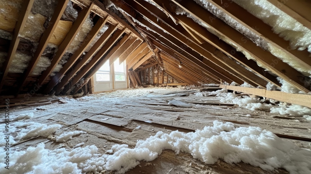 A view of an attic with visible water damage, including wet insulation ...