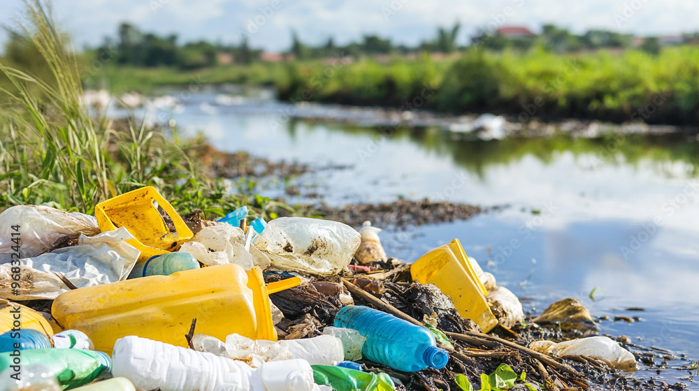 polluted river contaminated by industrial chemical waste, with murky ...