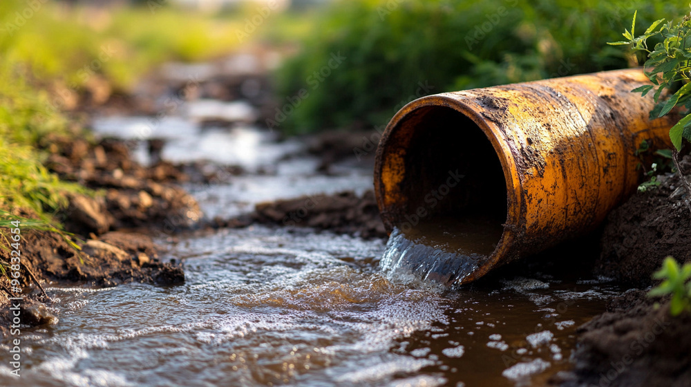 polluted river contaminated by industrial chemical waste, with murky ...