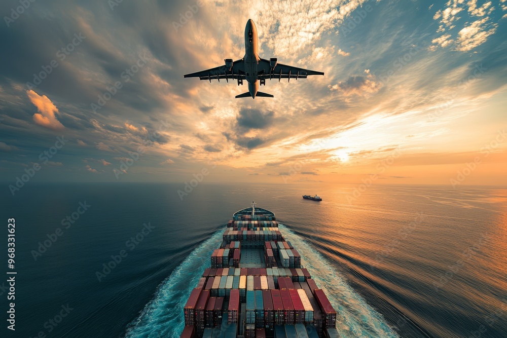 Foto Cargo plane over container ship a stunning view of global import ...