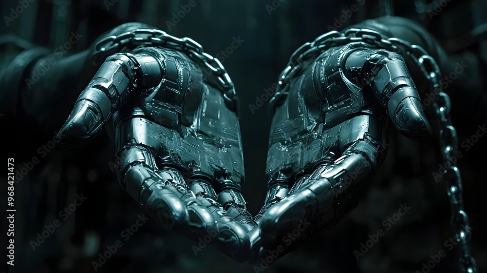 Metallic hands of a robot restrained with chains representing ...