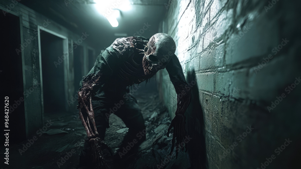 A terrifying infected figure hunched over in a dark corner of an ...