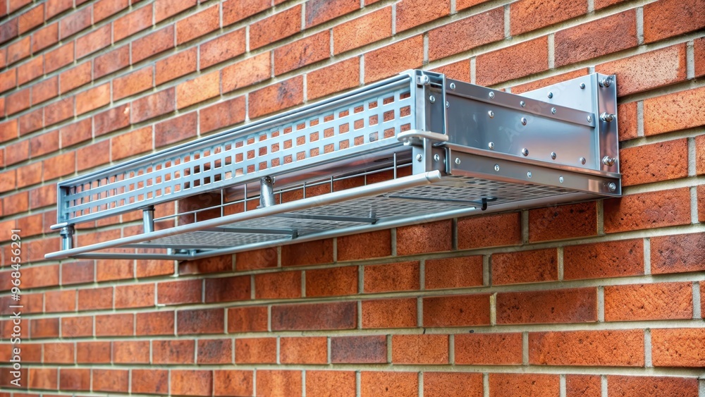 Pre-galvanised cable tray mounted on exterior brick wall for electrical ...