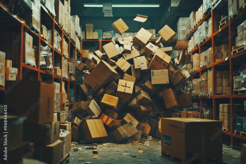 A warehouse filled with shelves, and in the middle, a huge pile of ...