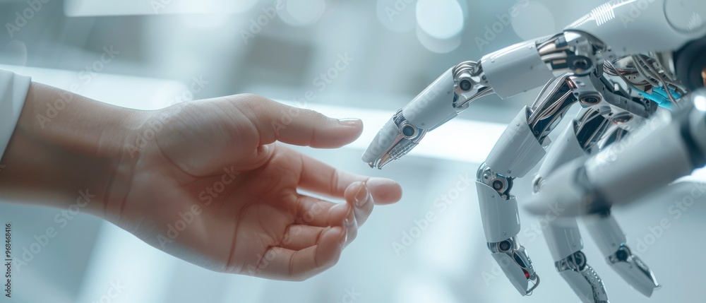 Symbolic Connection Between Humanity and Technology, A human hand ...