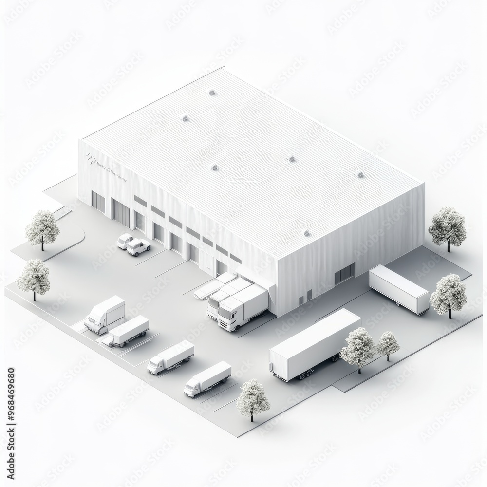 3D Render of manufacturing facility with production lines, warehouses ...