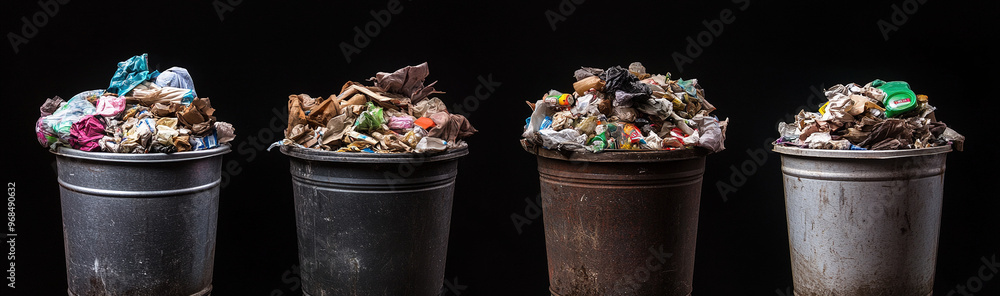 Four Diverse Trash Cans Overflowing with Garbage, Black Background ...