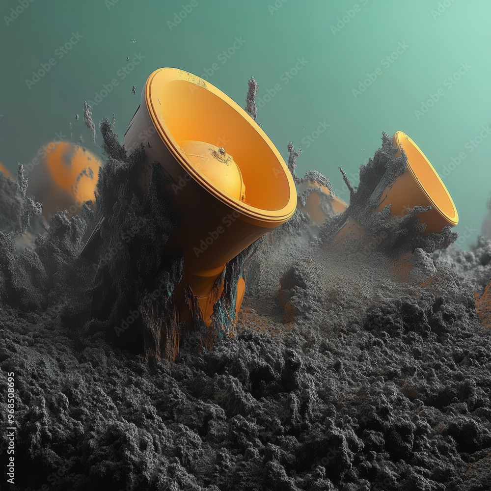 Underwater scene featuring submerged orange speakers surrounded by ...