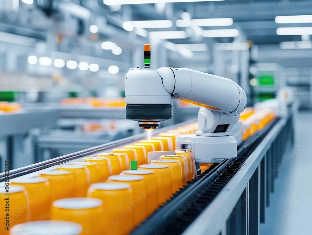 Robotic camera performing a 360-degree inspection of products on a ...