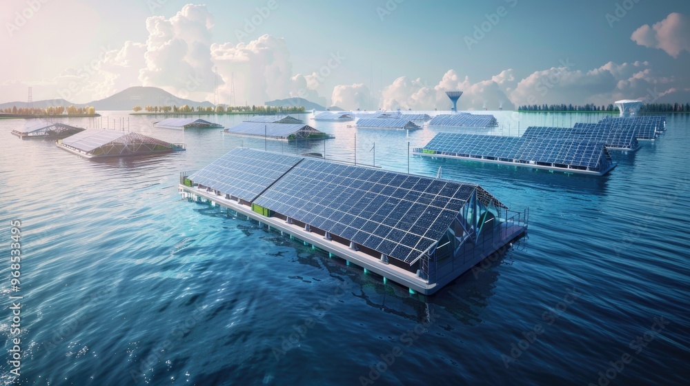 Innovative floating solar farm with aquatic ecosystem integration Stock ...