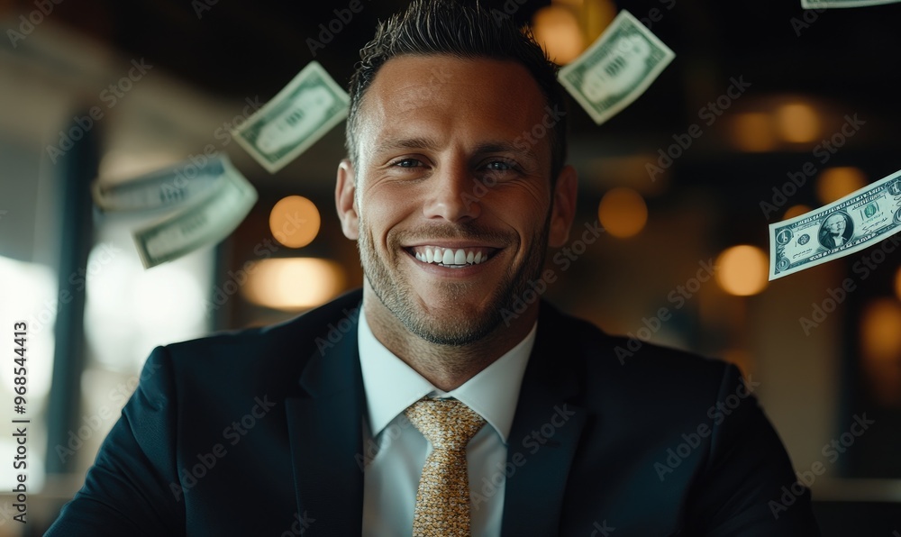 Professional Man in Suit Sitting at Desk with Money Flying Behind Him ...