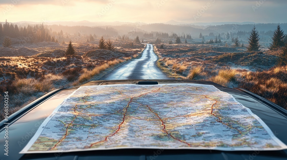 Road trip map, spread on a car hood, scenic route highlighted, soft ...