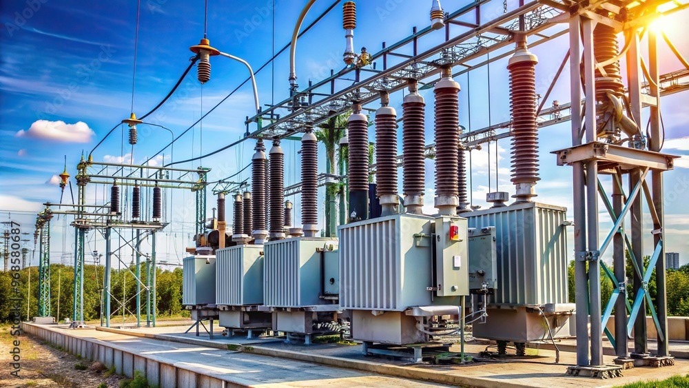 A close up view of a high voltage power transformer substation at eye ...