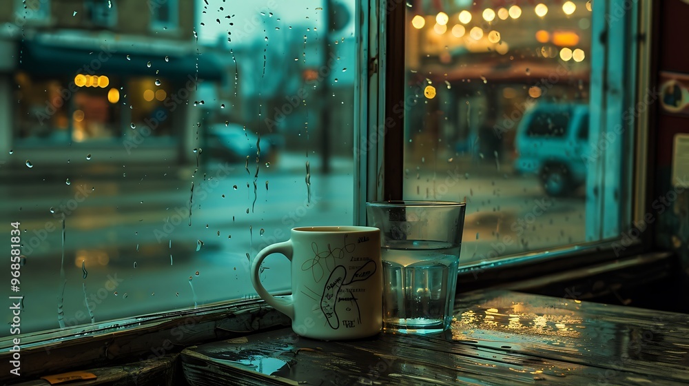 Urban scene outside the window of a diner with a coffee mug with lip ...