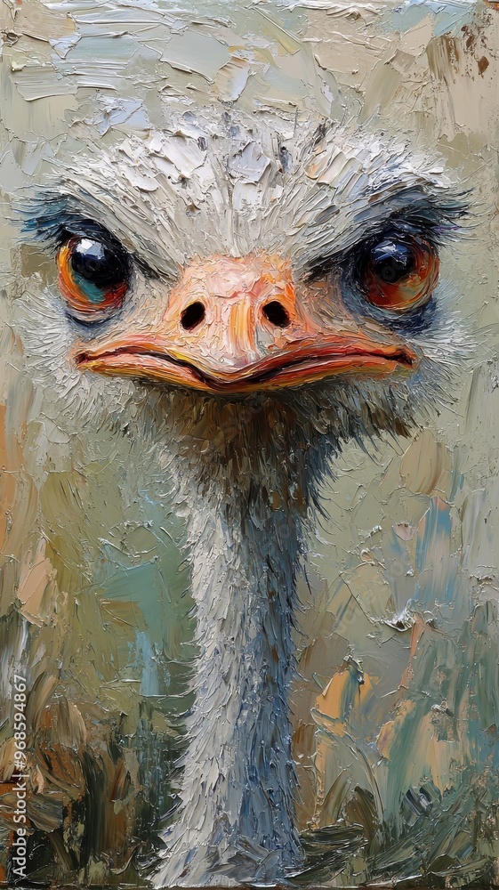 Oil painting style, an ostrich depicted with rich, textured ...