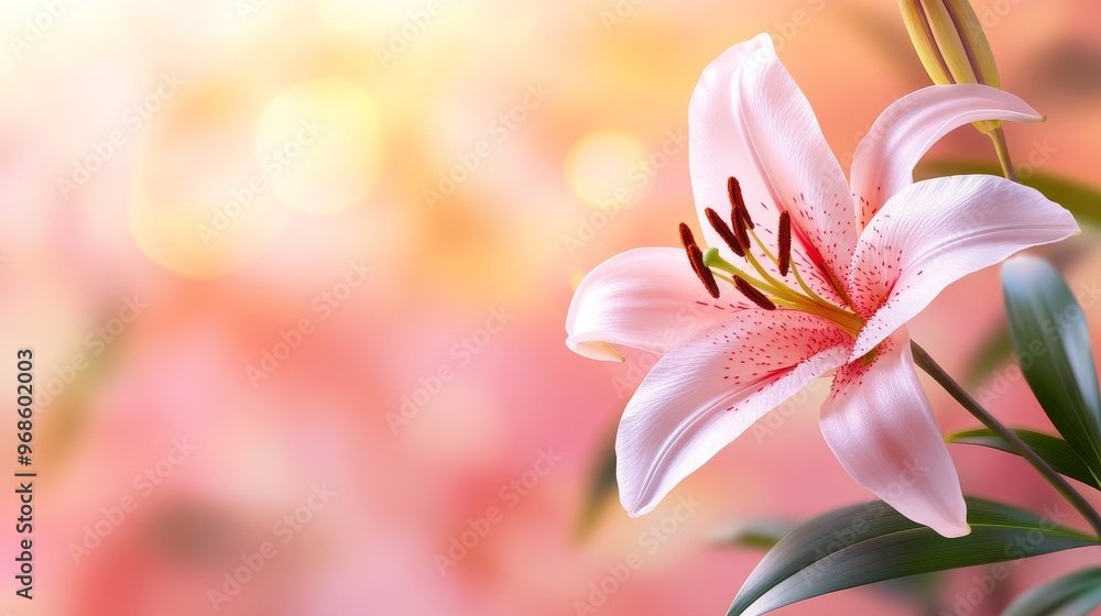 Continuous line art of a blooming lily, framed by delicate leaves, soft ...