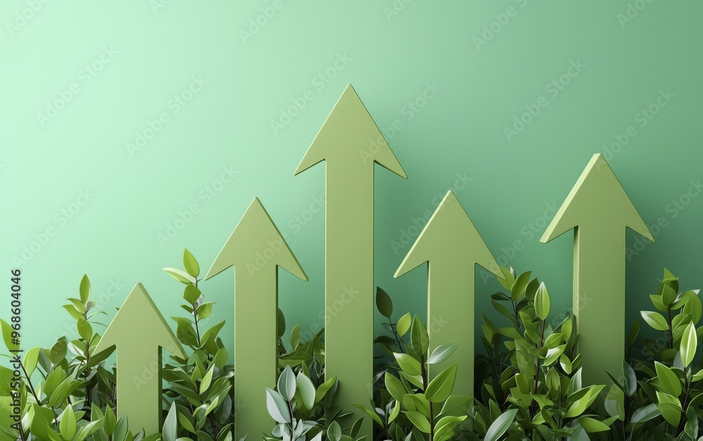 Green arrows rising from lush plants, representing growth ...