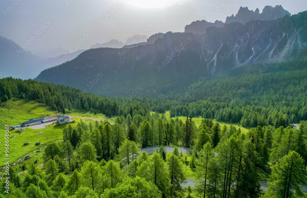 Snake Road in the Dolomites. Sunrise aerial forest. Pathway from Snake ...