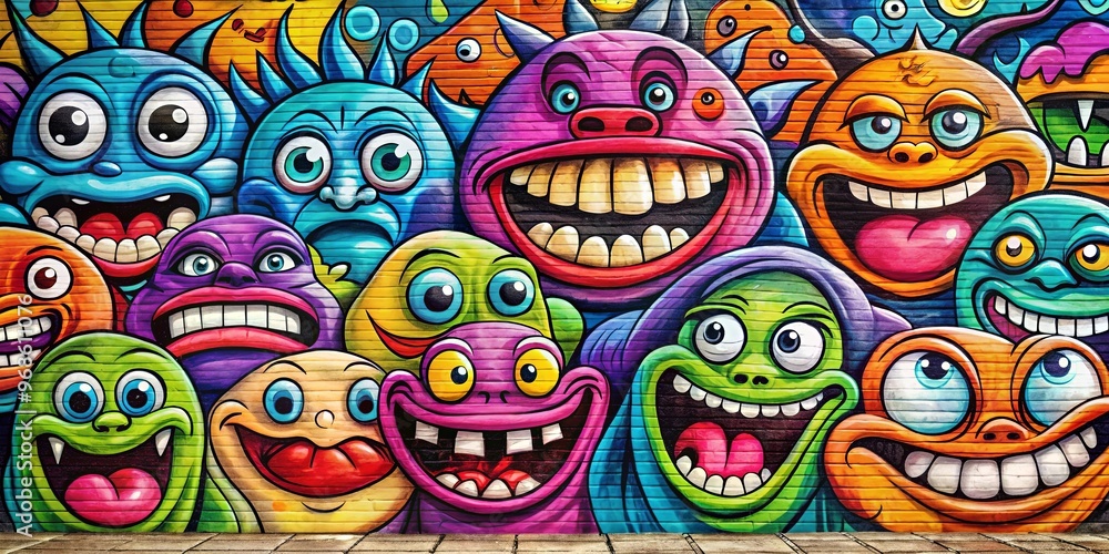 Colorful graffiti of funny monster faces expressing various emotions ...