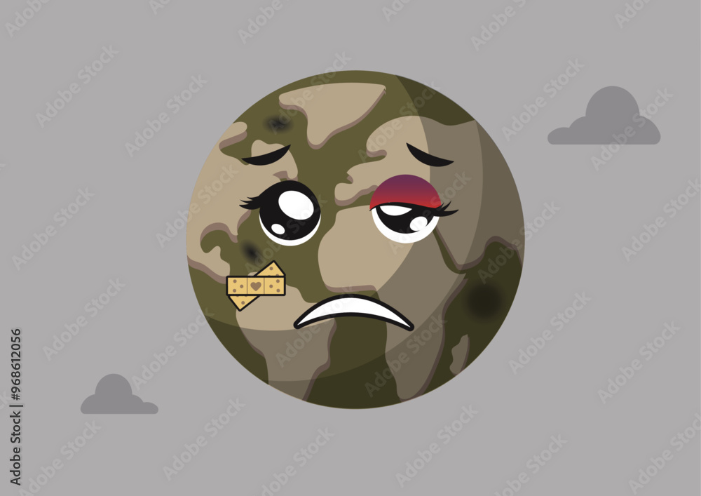 sad Earth character with visible injuries, bandages, and a frown ...