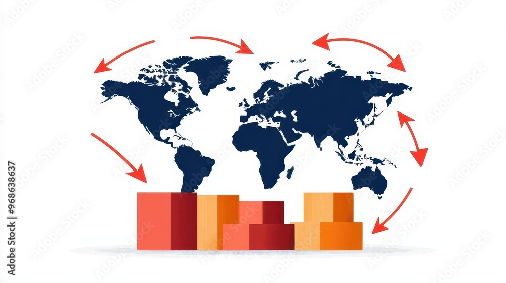 Infographic showing the flow of goods in a global supply chain, with ...