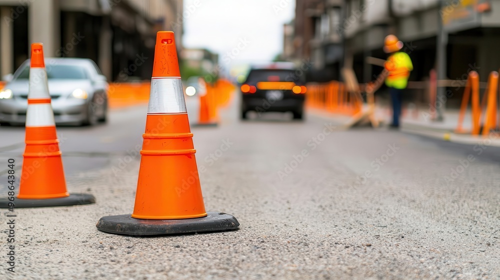 Stock-Foto „Detailed construction zone with temporary road signs ...