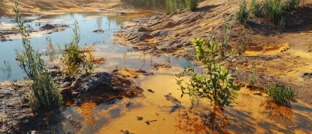 Devastated ecosystem from acid mine drainage showing damaged plants and ...