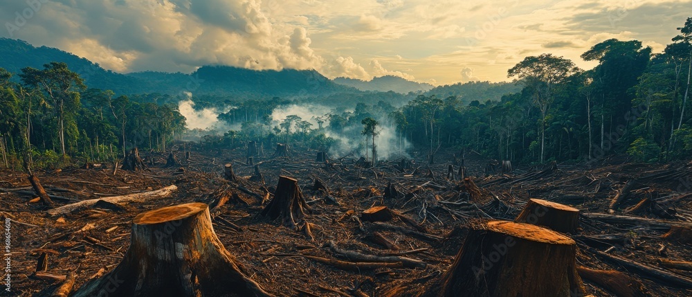 Devastated rainforest with large sections of trees cut down and exposed stumps, illustrating the ...