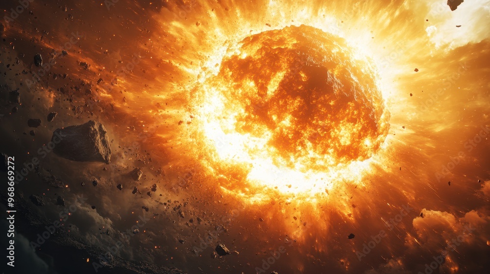 Asteroid impact scenario with a fiery collision, massive craters, and ...
