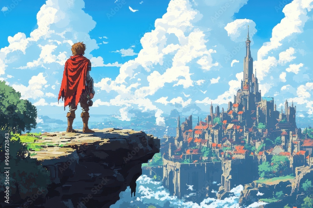 Retro 8-Bit Pixel Hero Surveying Pixelated RPG Kingdom from Cliff ...