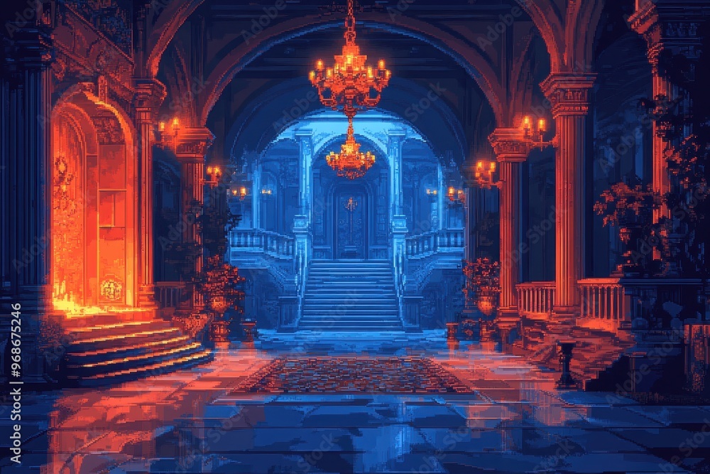 Enchanted 16-Bit Pixel Castle Interior with Grand Halls and Chandeliers ...