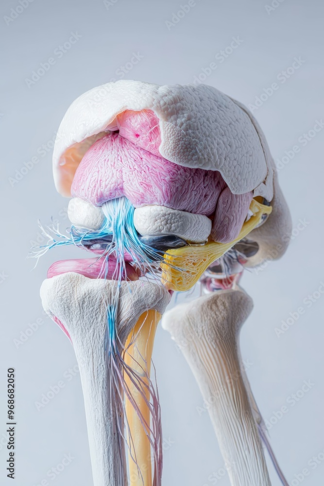Cutaway view of the knee joint, showing detailed layers of cartilage ...