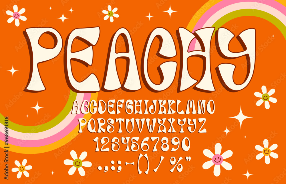 Psychedelic hippy groovy font, trippy y2k type, vector typography set with hippie rainbows and ...