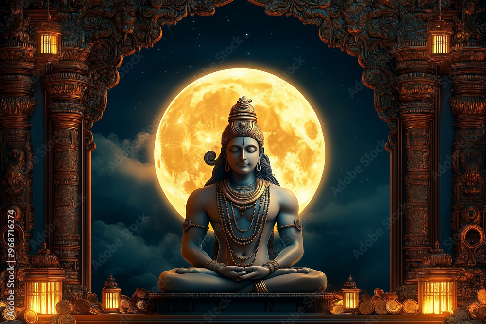 Stock-Illustration „Silhouette of lord shiva in meditation at night ...