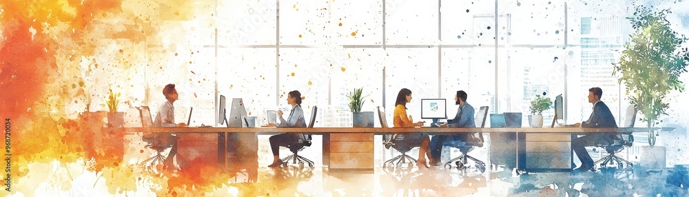 watercolor office teamwork scene with a diverse group collaborating ...